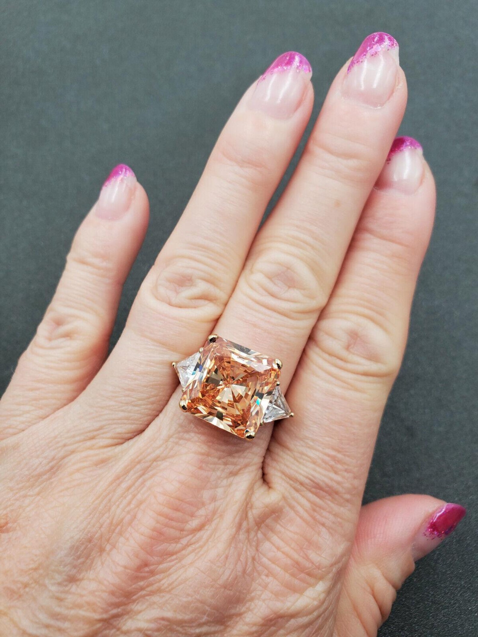 Signed MRF Peach & White CZ 14k Gold Over 925 Sterling Silver Cocktail ...