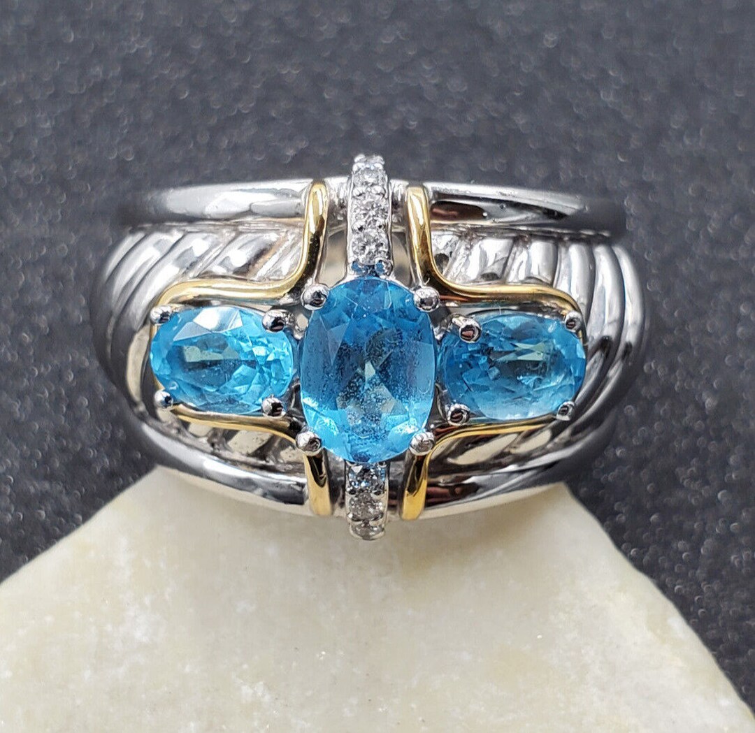 Sonia Bitton 14k Gold & 925 Sterling Blue Topaz Diamond Band Ring Sz 7. ...