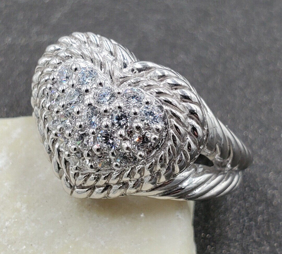 Judith Ripka Pave Diamonique CZ 925 Sterling Silver Heart Cable Ring Sz ...