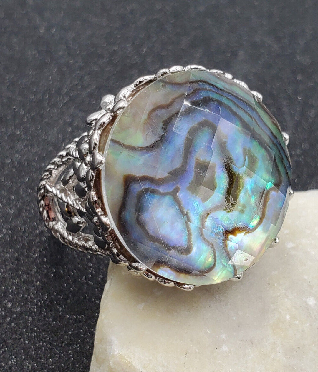 V3 Jewelry Quartz Abalone Shell Doublet Sterling Dome Statement Ring S9 ...