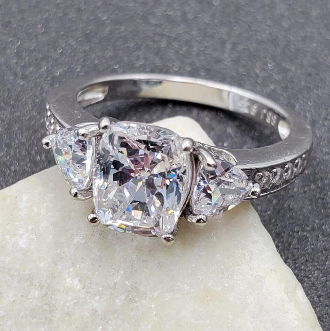 BBJ Cushion Cut 3 Stone CZ 925 Sterling Silver Wedding Engagement Ring Sz 9 - Etsy