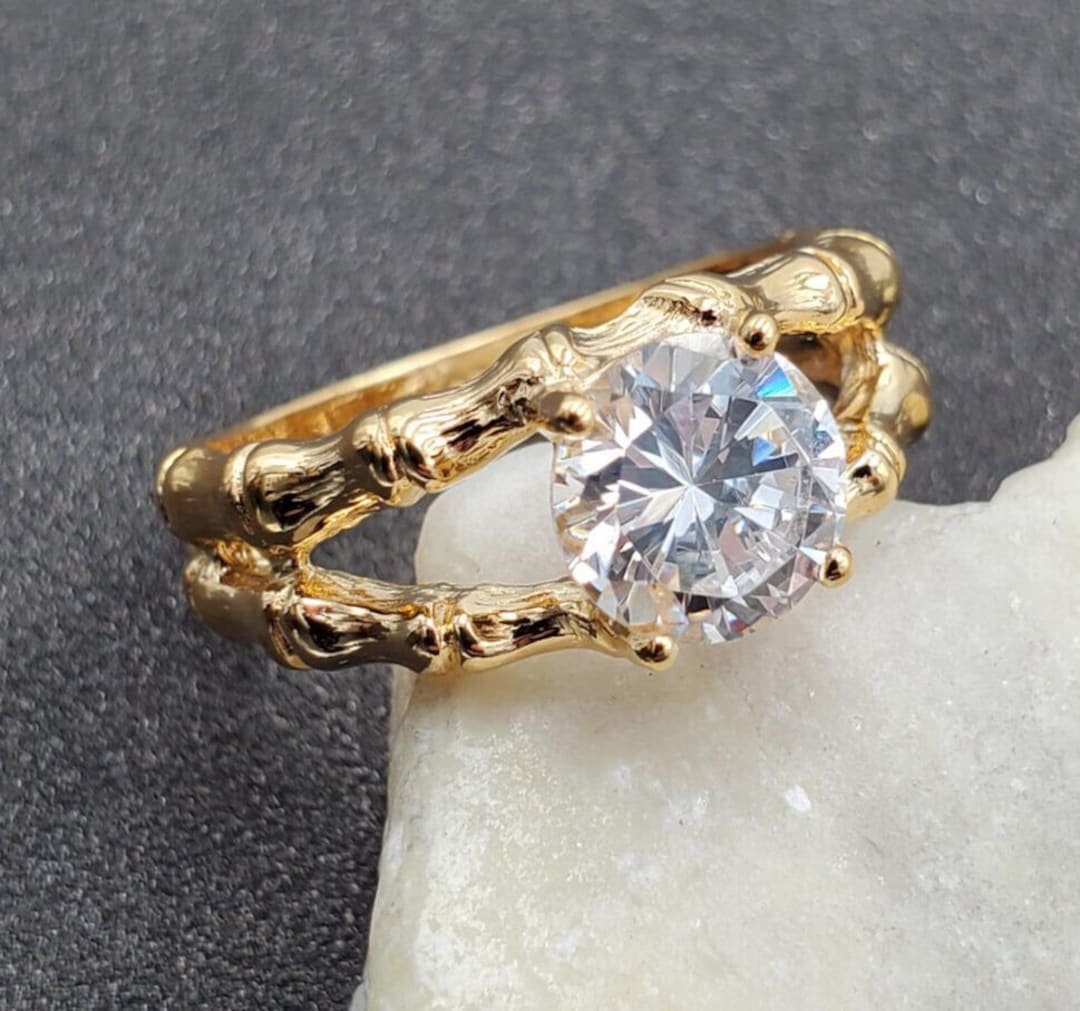 Signed UTC 7mm Round CZ 18k Gold Vermeil Sterling Silver Bamboo Band ...