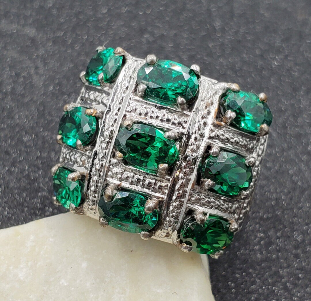 Karis STS Platinum Plated Simulated Emerald Checkerboard Ring Size 5.25 ...