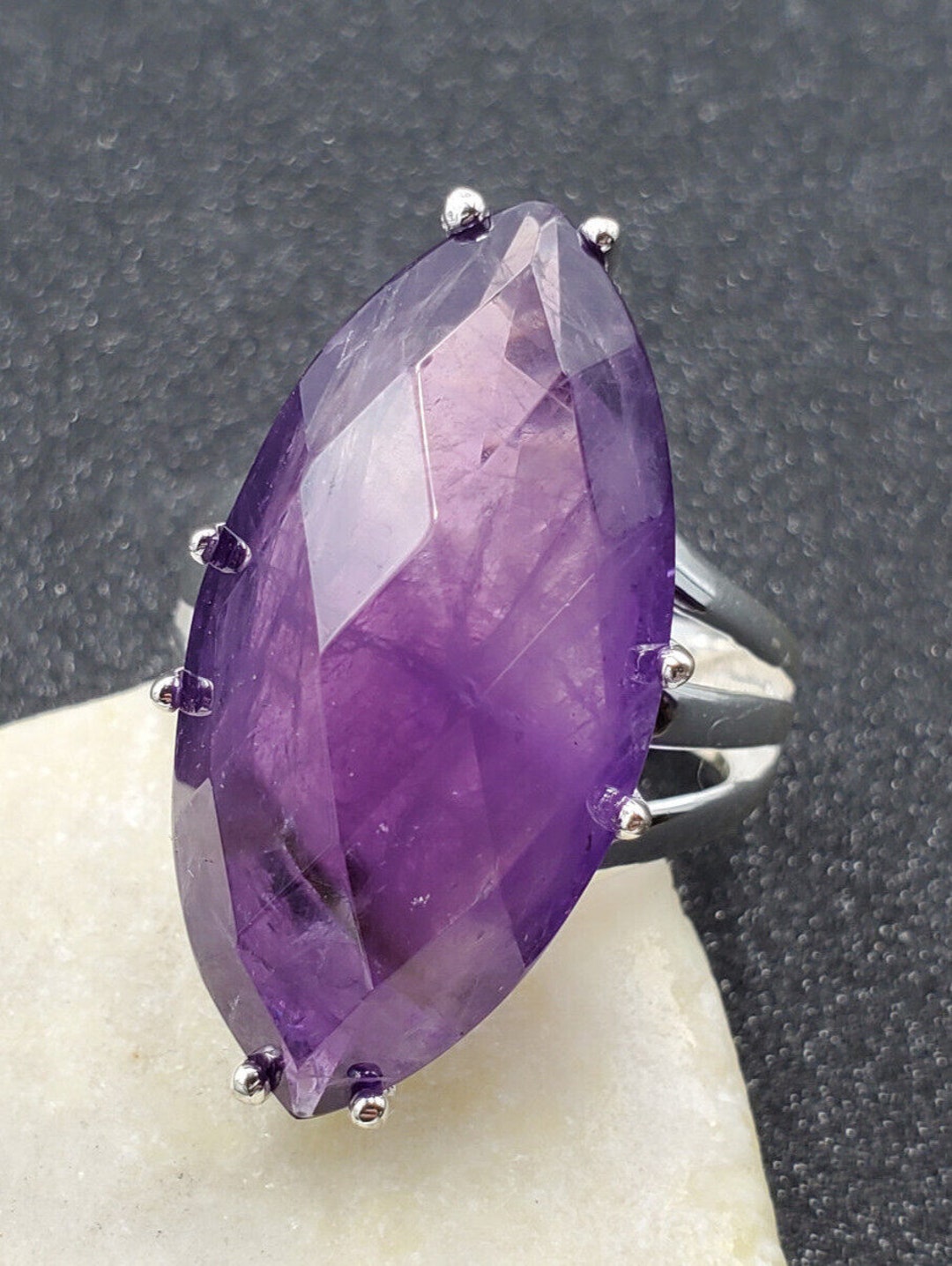 Estate QVC Sterling Silver Faceted Natural Amethyst Statement Ring Sz ...