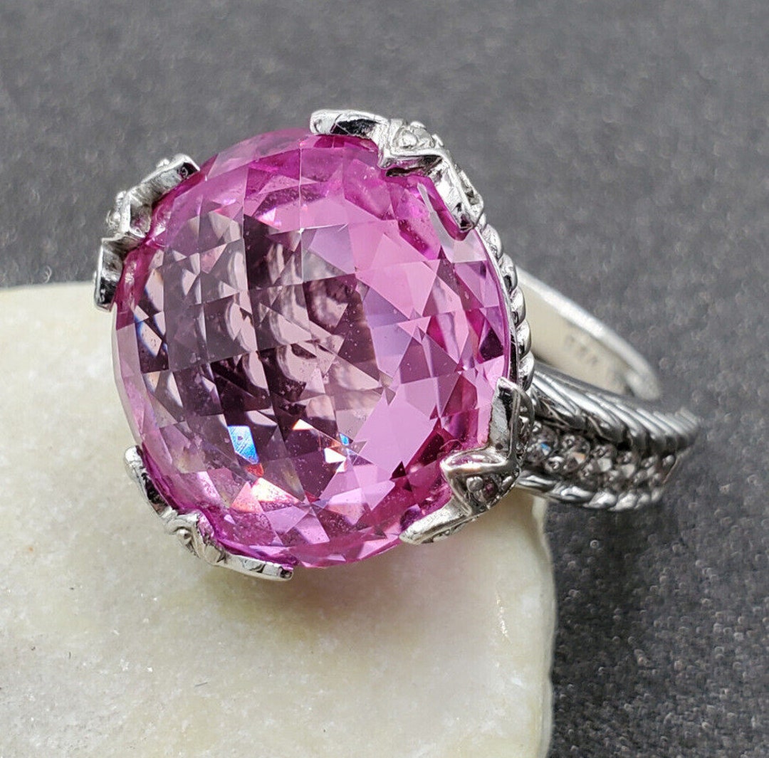 Judith Ripka Checkerboard Cut Pink Quartz CZ 925 Sterling Silver Ring ...