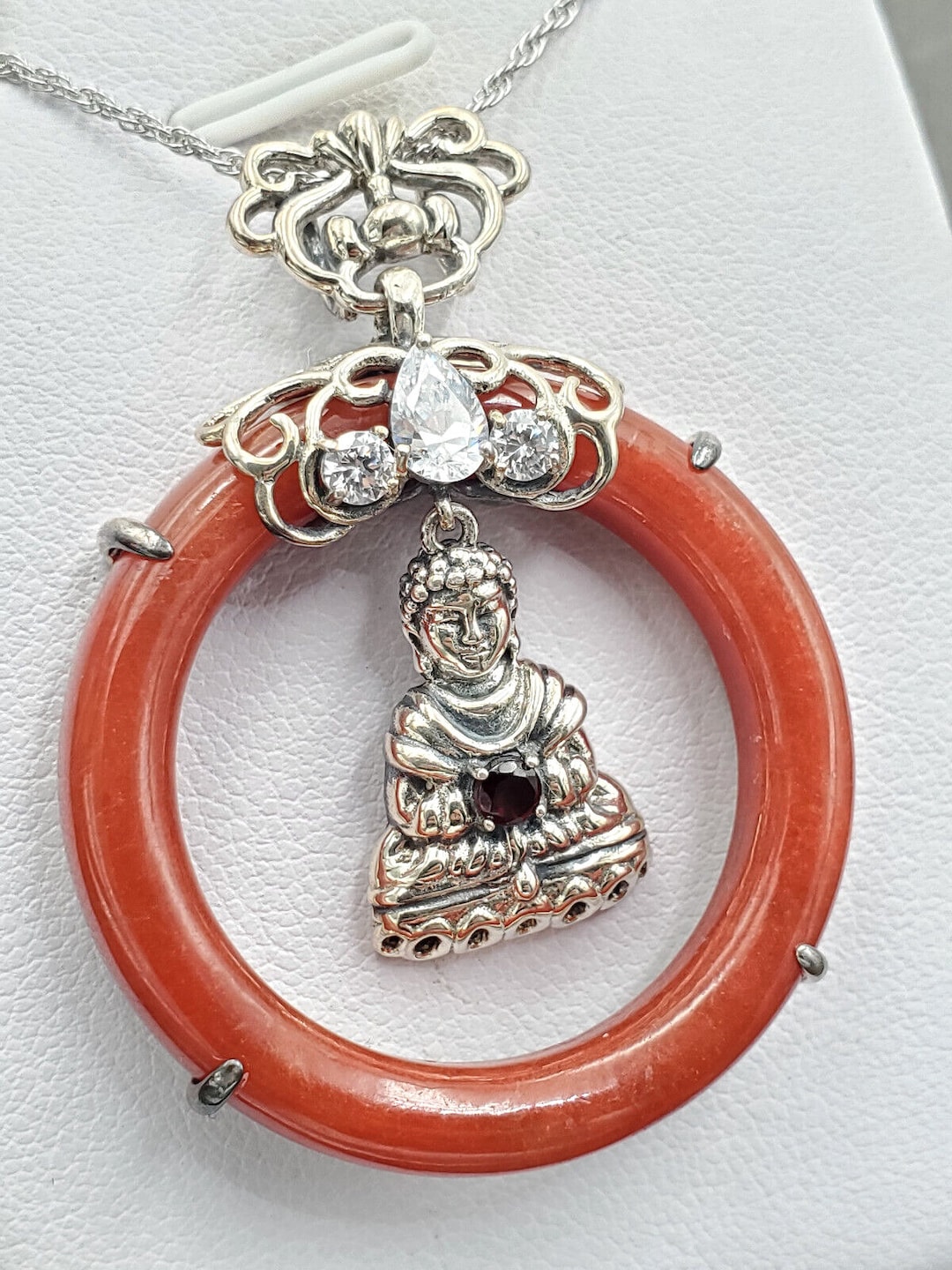 QVC Red Jade Circle Garnet CZ 925 Sterling Silver Buddha Necklace 18 ...