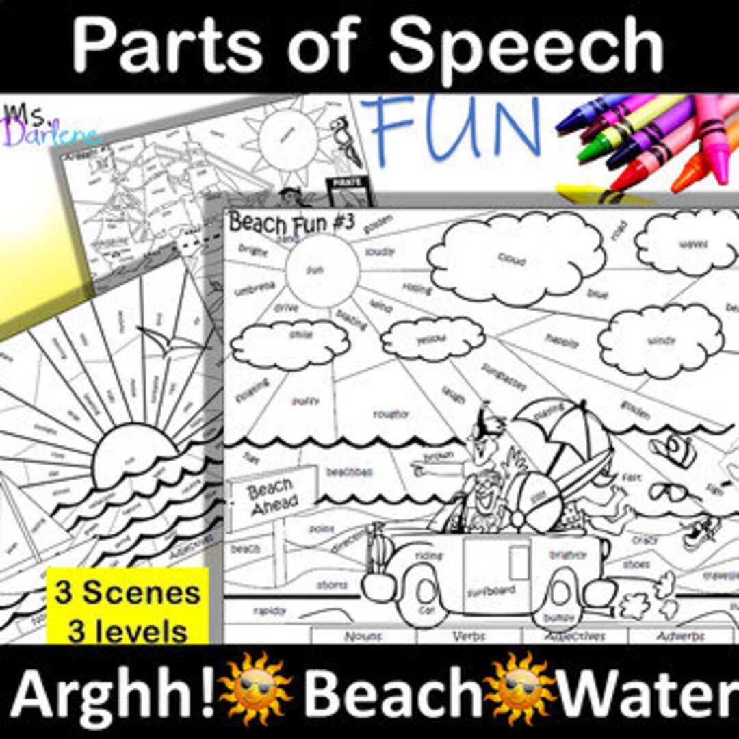 Arghh!-beach-water~parts of Speech Bundle~3 Levels Summer Coloring~noun ...