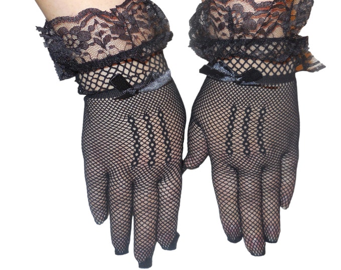 Vintage Gloves 9" Black Stretchy Mesh Net Formal Wear Special Occasion ...