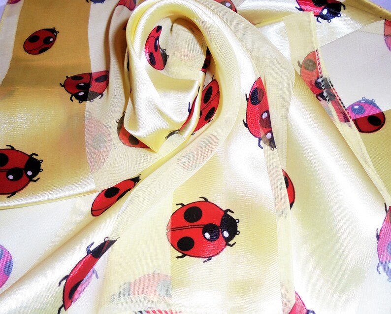 Scarf 20 Square Satin Chiffon Ladybug Print Yellow Red - Etsy