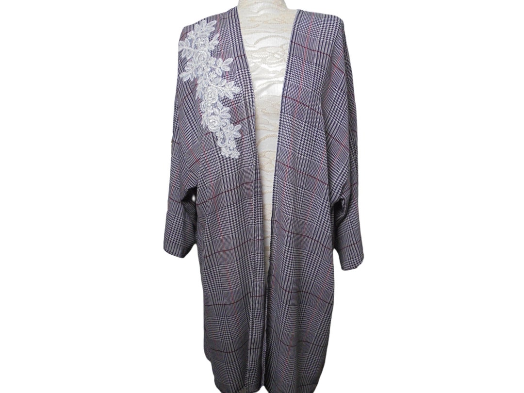 Cardigan Embroidered Duster Coat LARGE Long Houndstooth Lightweight ...