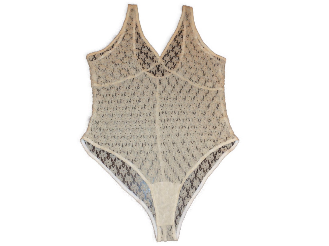 1980s Vintage Teddy Bodysuit XL Stretch Lace Ivory Color Lingerie ...