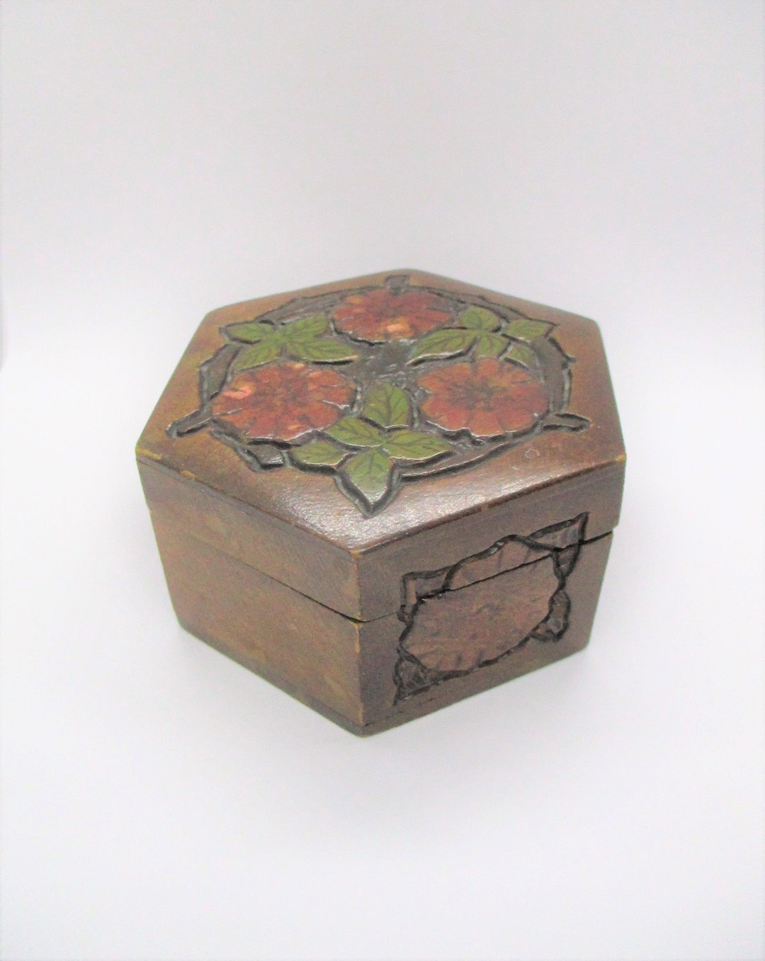 Hexagonal Painted Box: Hexagonal Carved Hand Painted Varnished Wooden ...