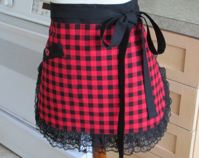 Kitchen Apron Bib With Full Skirt, Red and Black Buffalo Plaid Flannel ...