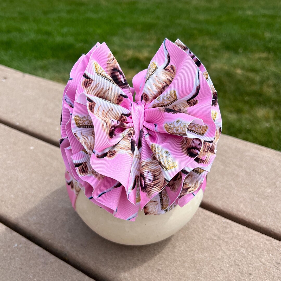 Cow Ruffle Shredded Bow - Pink Crowned Highland Cow Bow - Headwrap ...