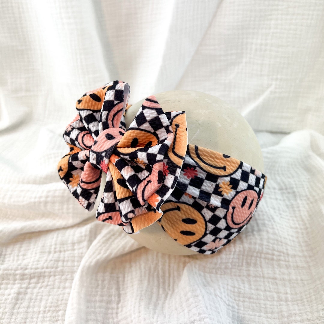 Happy Face Headwrap Smiley Face Bow Pull Proof Permanently Sewn Big Bow ...