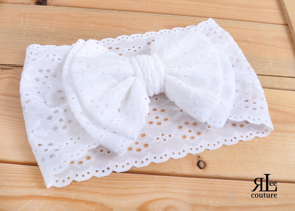 White Eyelet Lace Bow Eyelet Bow Stretchy Headwrap | Etsy
