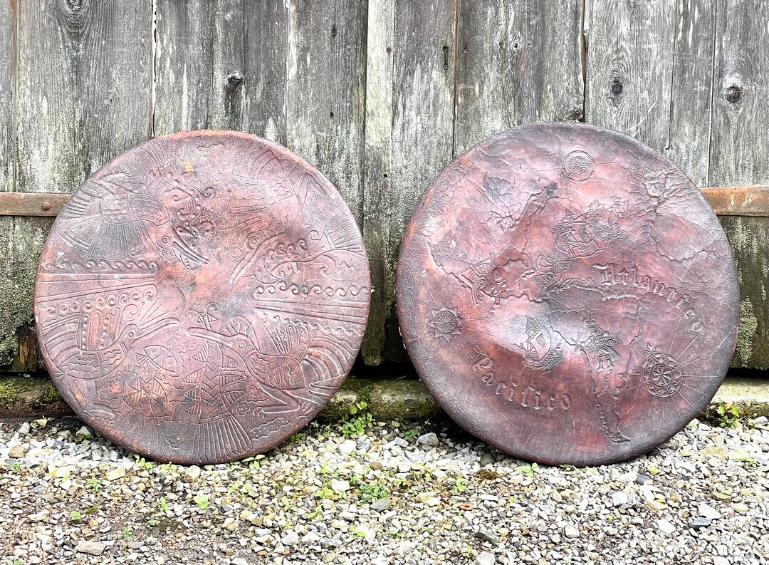Pair Vintage Mid Century Tooled Leather Panels Great Patina and Design ...