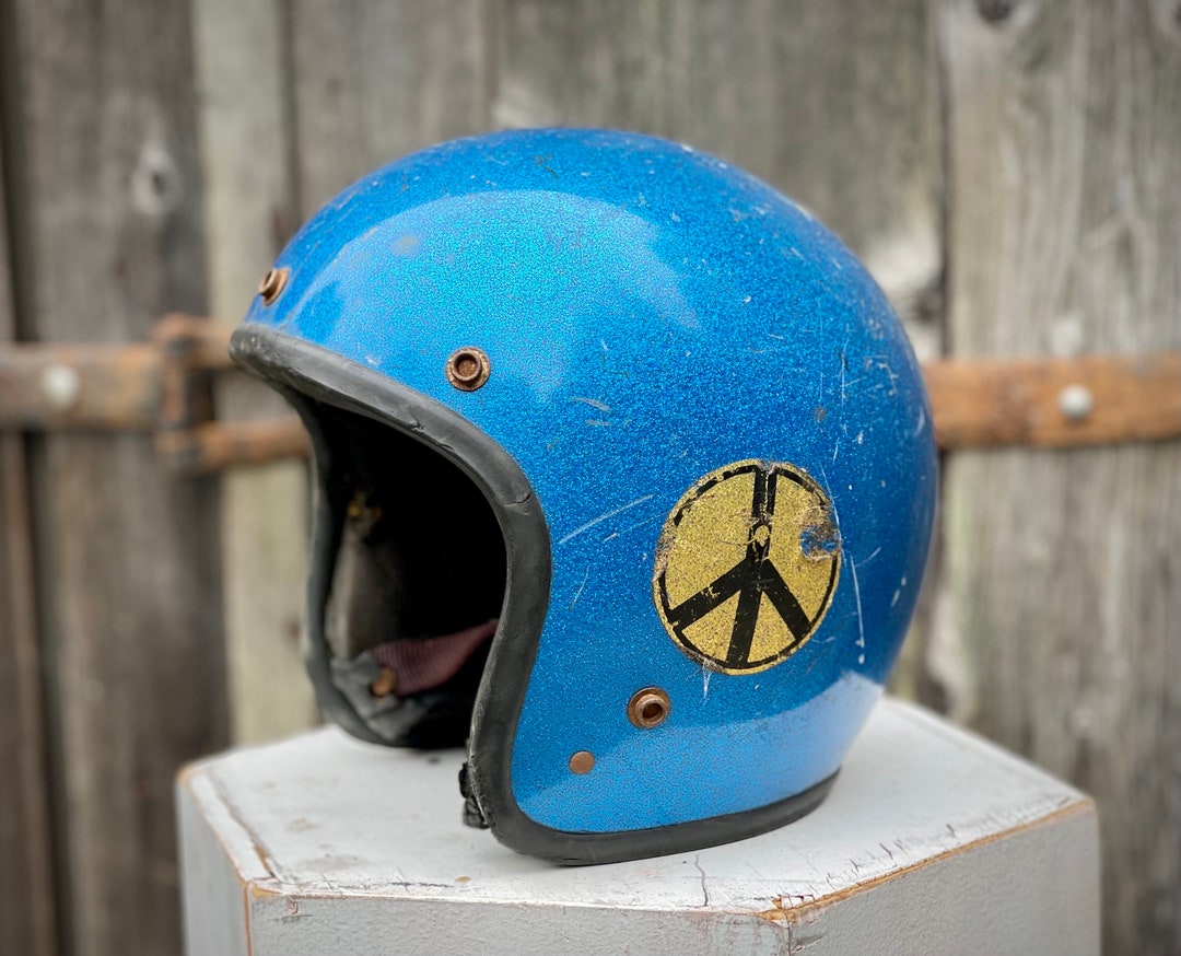 1980s Blue Metal Flake Motorcycle Helmet Vintage Biker Motocross Cafe ...
