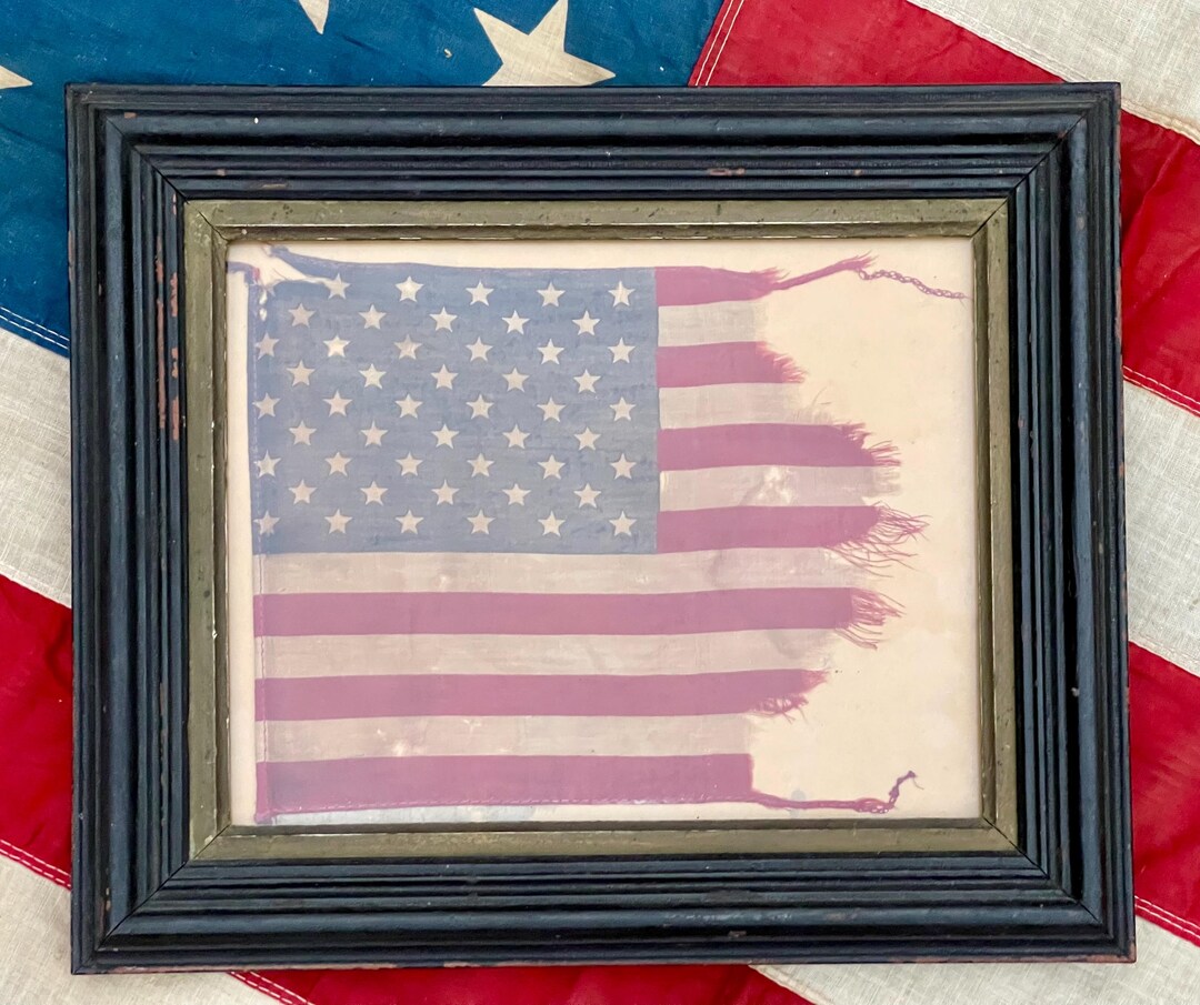 Vintage American Flag 1960 in Antique Walnut Frame Well Worn and Faded ...