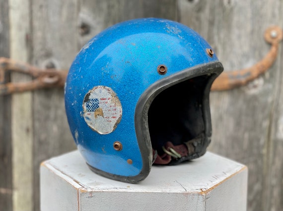 Authentic 1970s Blue metal flake Motorcycle Helmet vi… - Gem