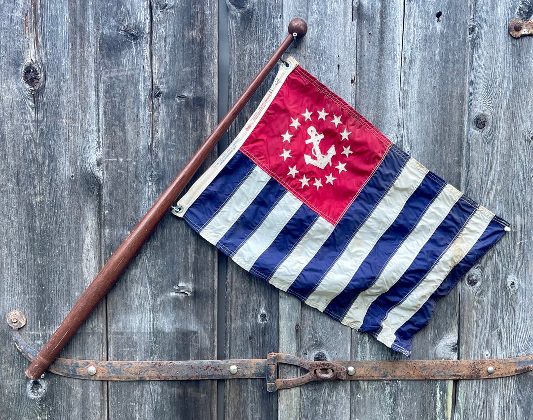 Nice Vintage American Nautical Flag With Original Mahogany Pole ...