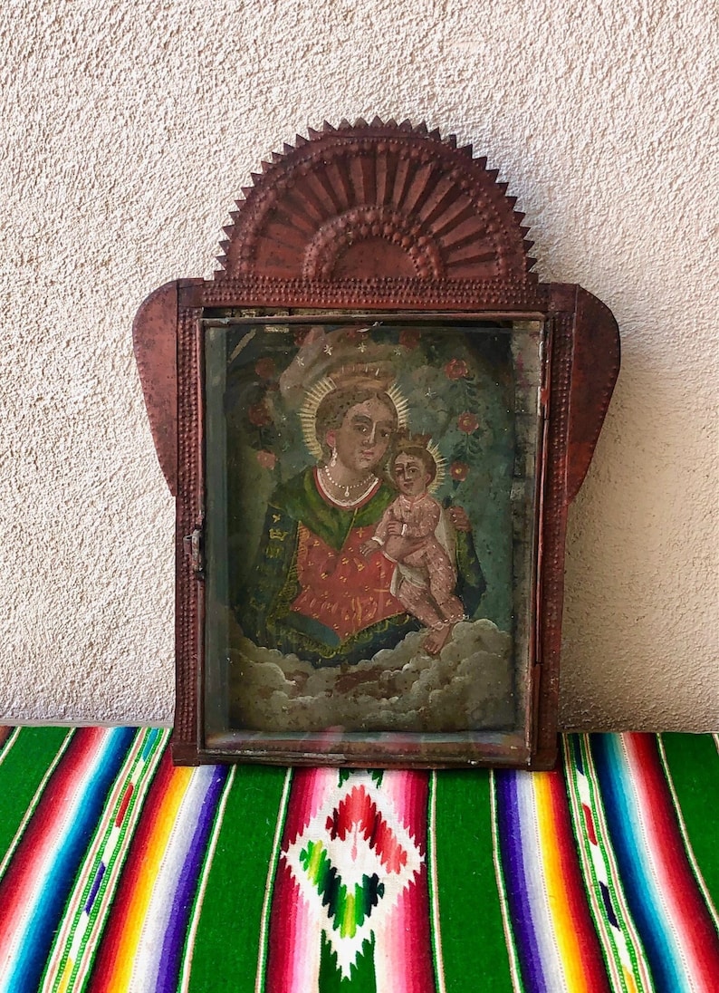 RARE Mexican Tin Nicho Vintage Retablo Virgin De Refugio 1900's Central ...