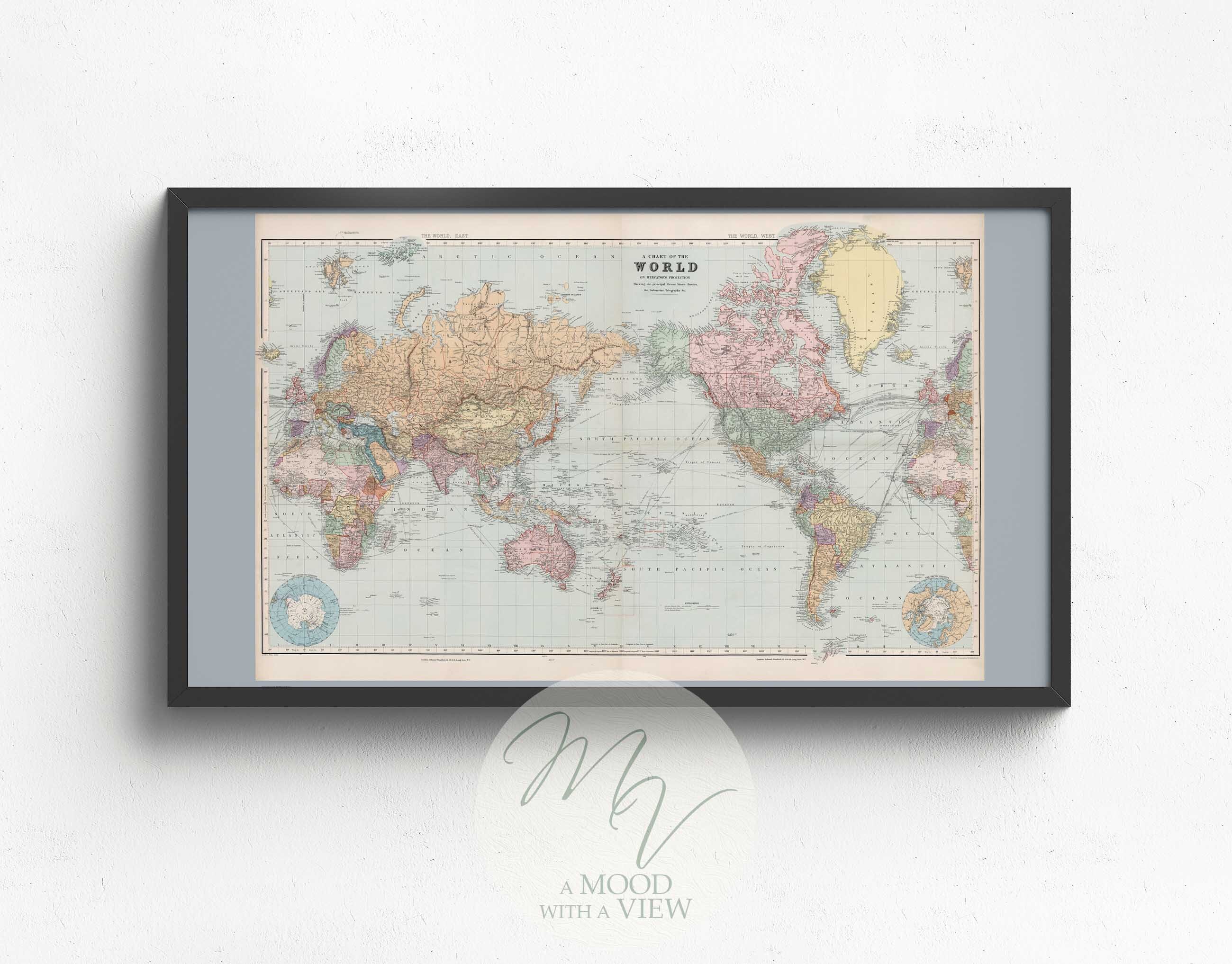 Samsung Frame TV Map Art, Vintage Map of the World Smart TV 4k Art ...