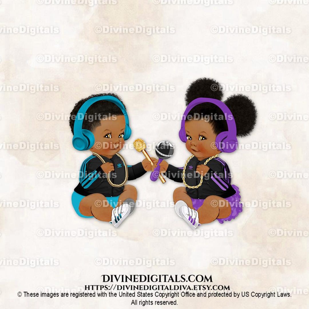 Hip Hop Prince & Princess Clipart: Baby Boy Girl Dark Tone Mic Rattle ...