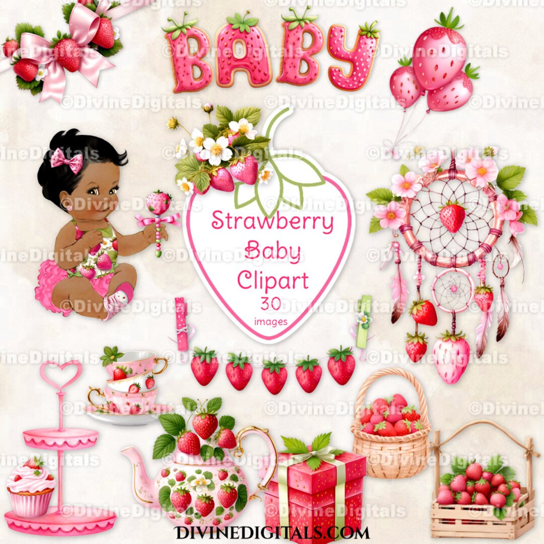 Strawberry Theme Baby Girl Clipart Images, Dark Tone, Strawberry Party ...