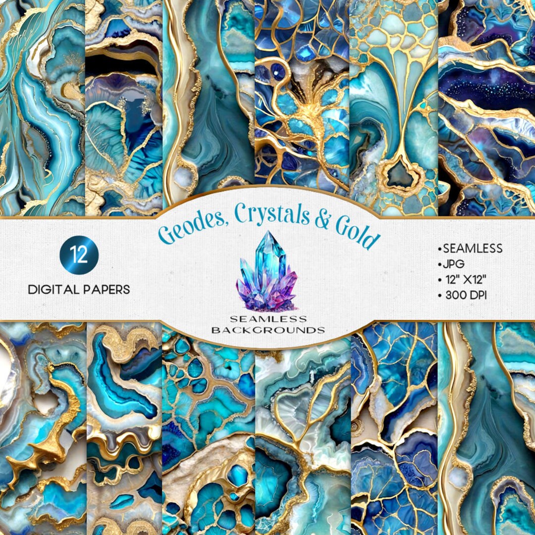 Crystals Geodes & Gold Veining Digital Backgrounds Seamless Patterns ...