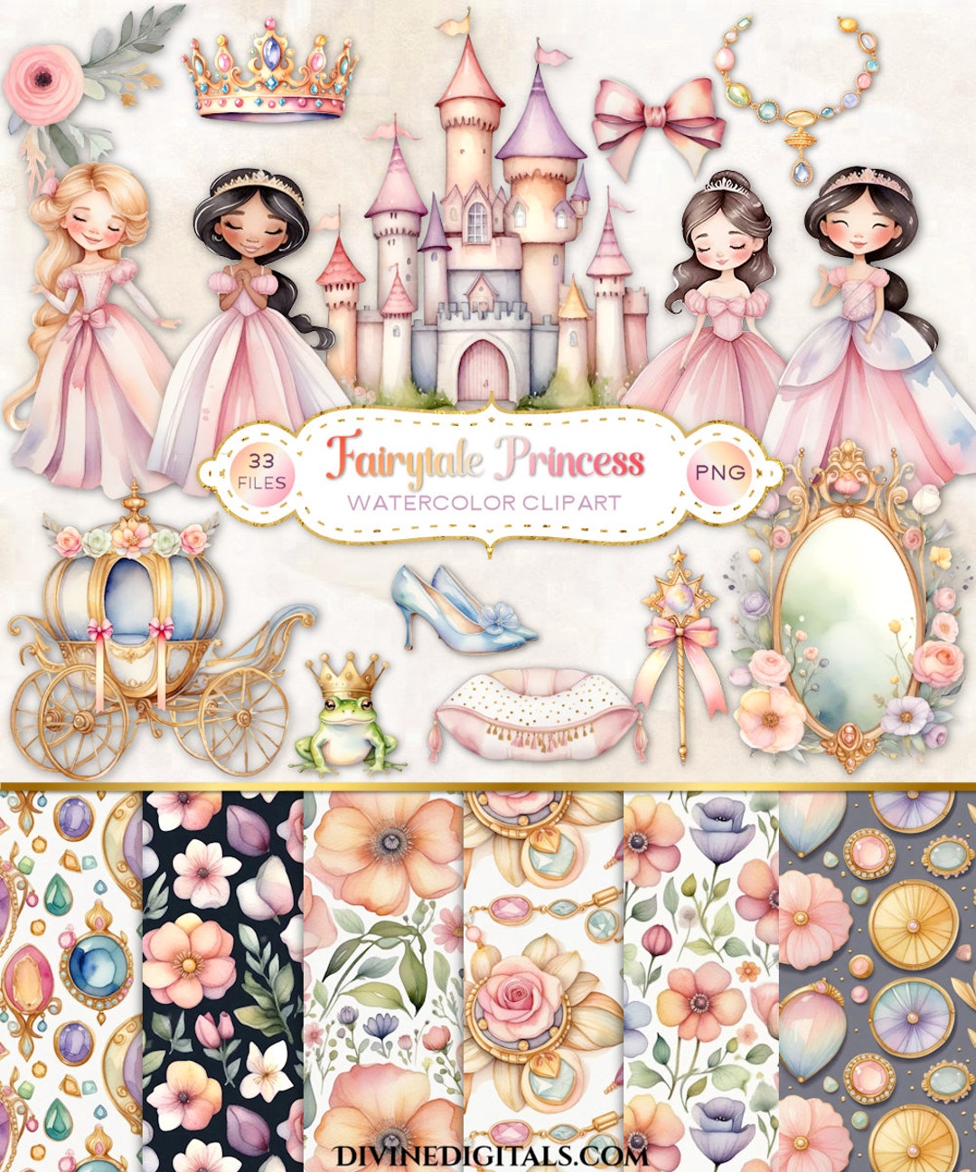33 Watercolor Fairy Princess Fairytale Pastels Castle Carriage Unicorn ...
