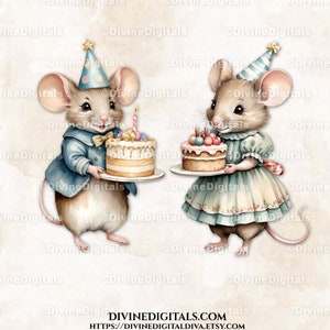 Watercolor Birthday Mouse Holding Cake Present & Flowers Boy Girl ...