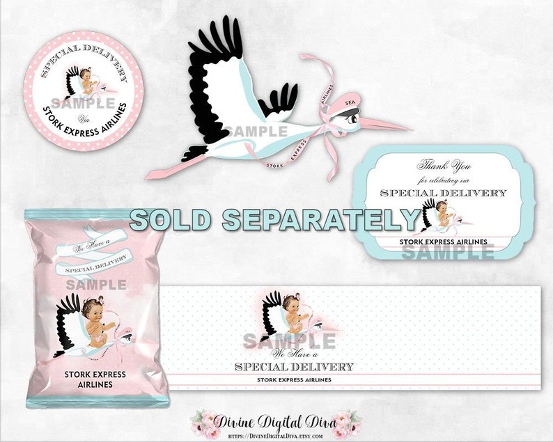 Stork Express Airlines Flying Stork Blush Pink Aqua Sitting | Etsy