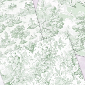 SEAMLESS Antique Green Toile De Jouy Backgrounds Digital Paper ...