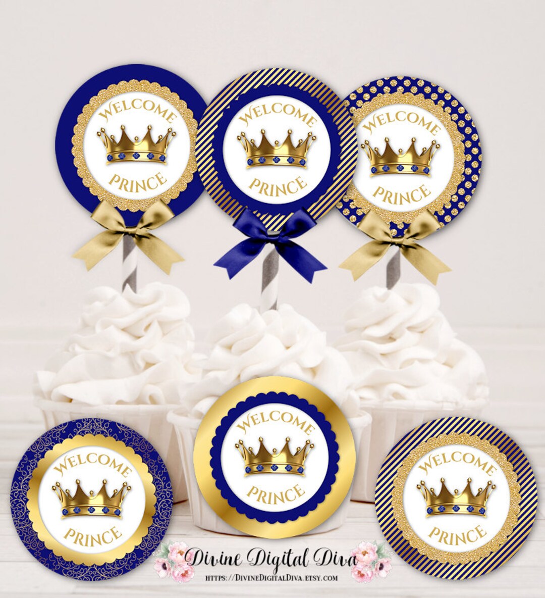 Welcome Prince Royal Blue & Gold Crowns Cupcake Topper Circles Labels ...