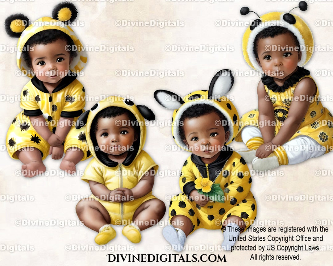 Watercolor Portraits Baby Boy Bee Costume Yellow Black Dark Skin Tone ...