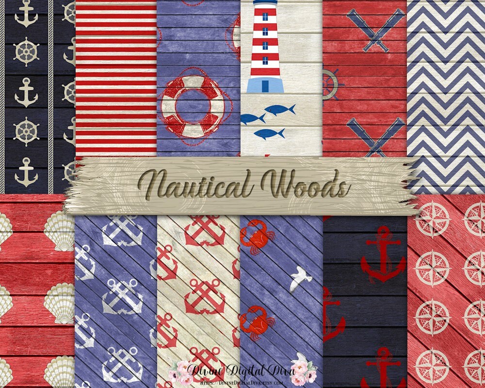 Nautical Woods Navy Red Blue & Ivory Anchors Lighthouse Compass Shells ...