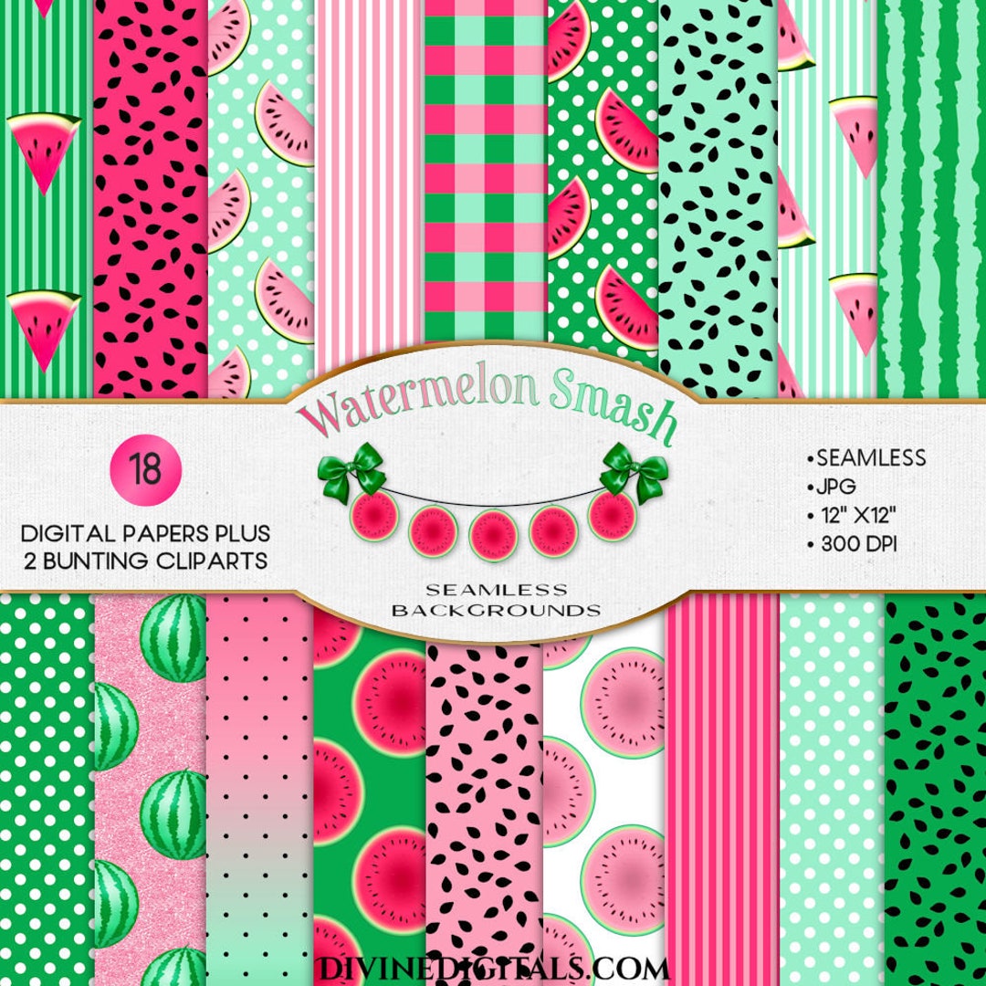 18 Seamless Watermelon Theme Digital Papers PLUS 2 Bunting Images - Etsy