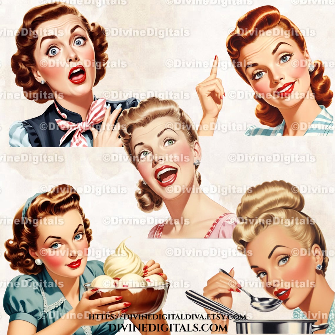 Retro Housewives 50s Vintage Closeups & Funny Expressions Women Clipart ...