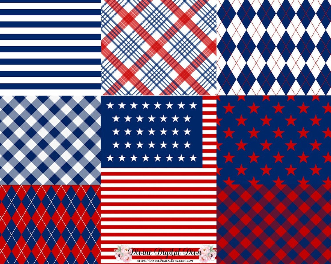 Red White & Blue Digital Paper Stars Stripes Plaid Gingham - Etsy