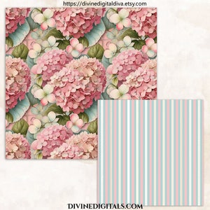 Watercolor Pink Hydrangeas Sage Lavender Ivory Aqua Vintage Botanical ...