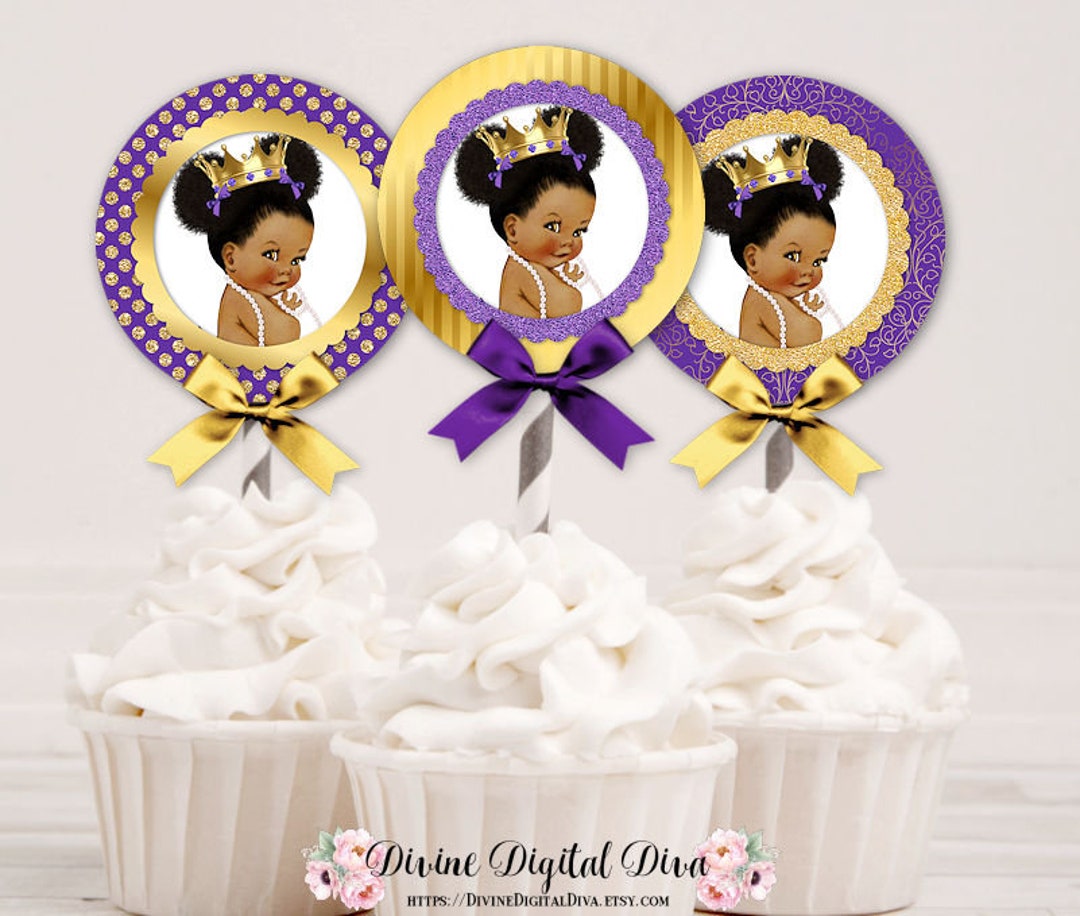 Princess Cupcake Topper Circles Royal Purple & Gold Baby Girl Dark Tone ...