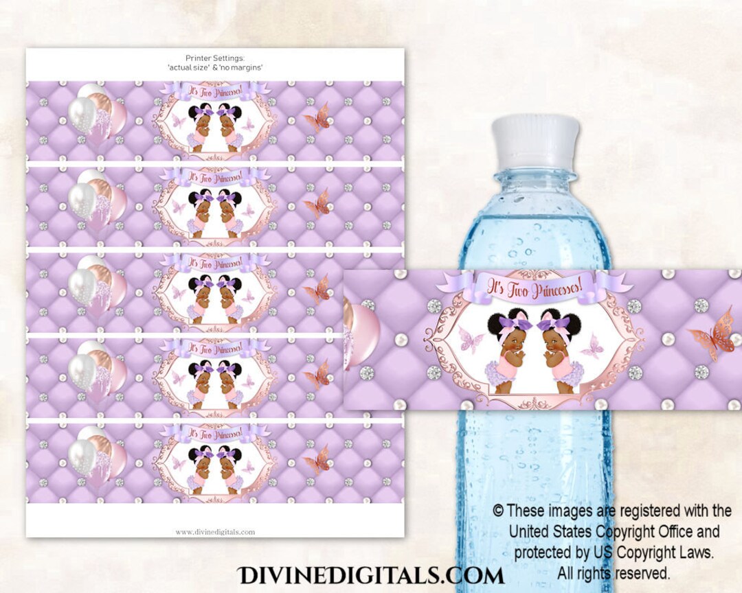 Twins Printable Water Bottle Labels Princesses Pink & Lilac - Etsy