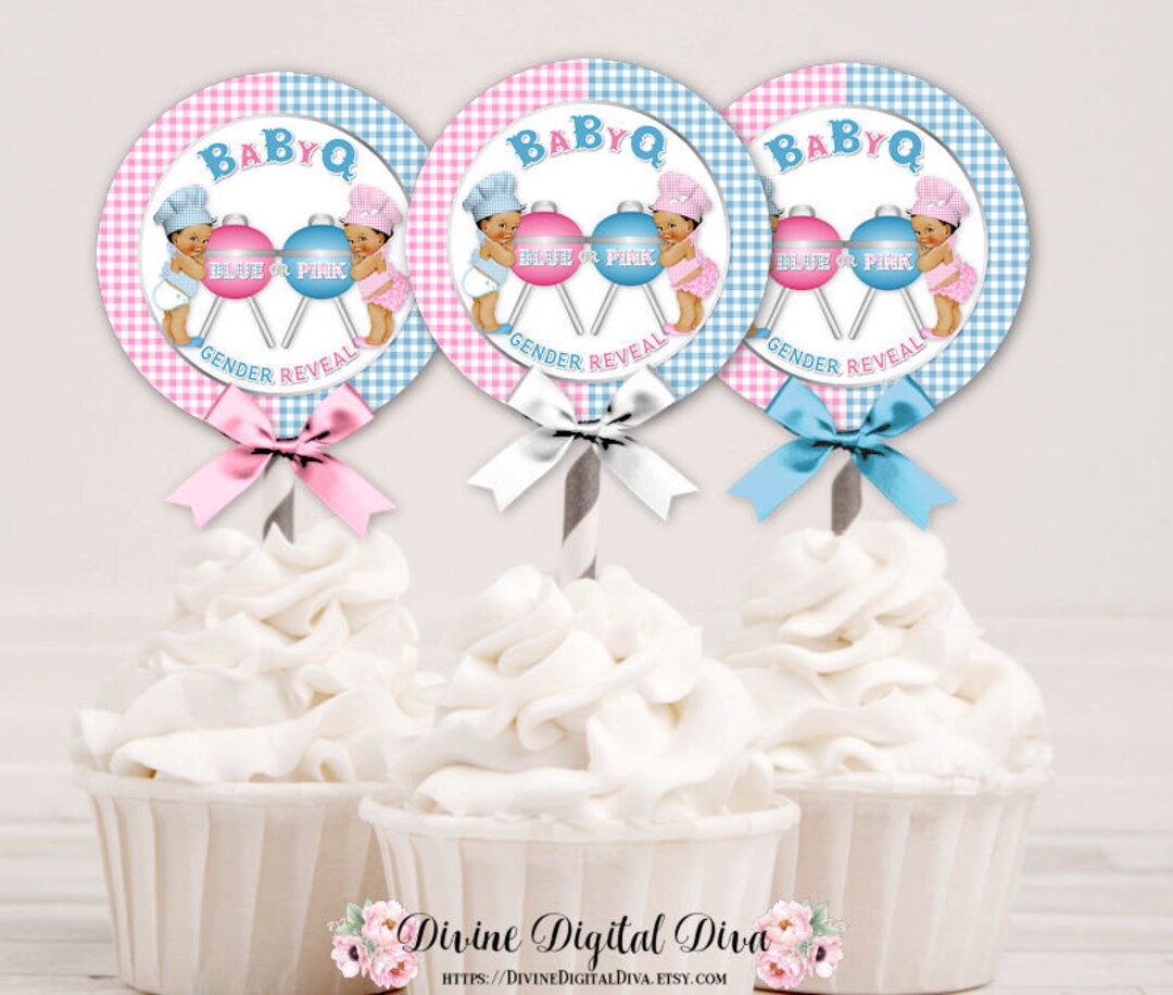 Little Chefs Pink Blue Check Hat Apron BBQ Babyq Gender Reveal Cupcake ...