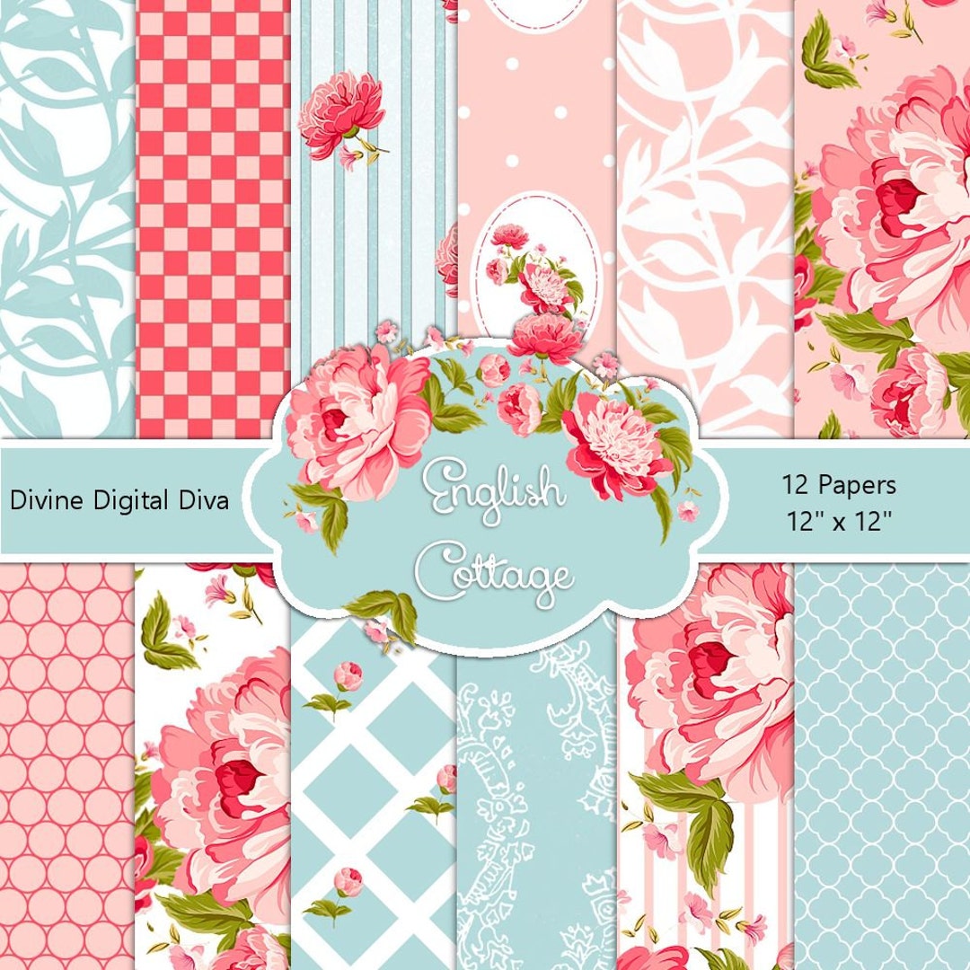 English Cottage Digital Scrap Paper Pack | Pink Roses Damask Blue ...