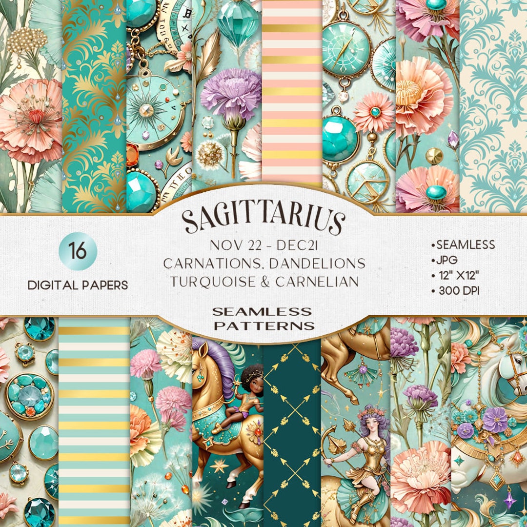 Sagittarius Centaur Zodiac Seamless Background Digital Papers Astrology Birth Month Flower ...