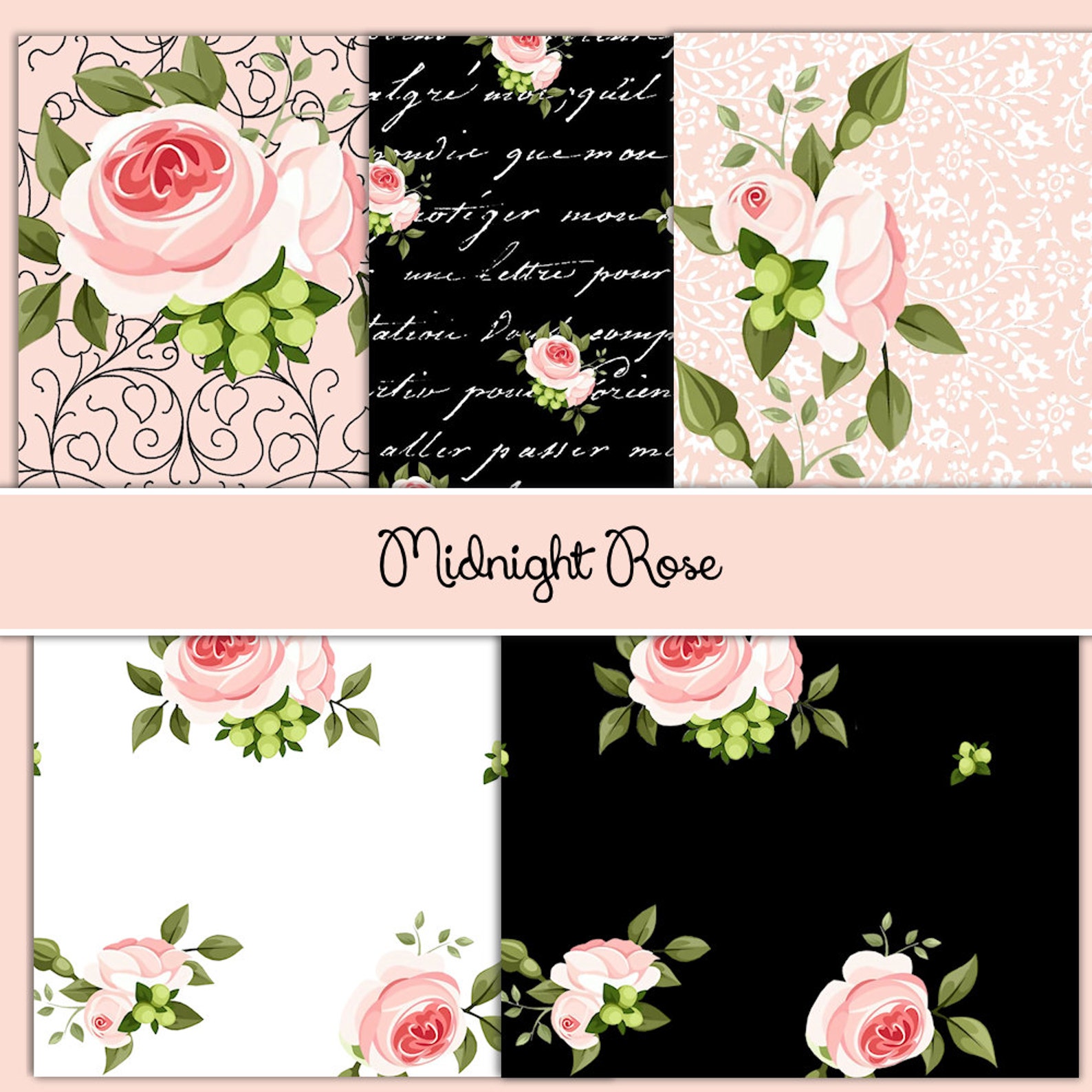 Midnight Rose Digital Paper Pack Black Blush Pink Roses - Etsy
