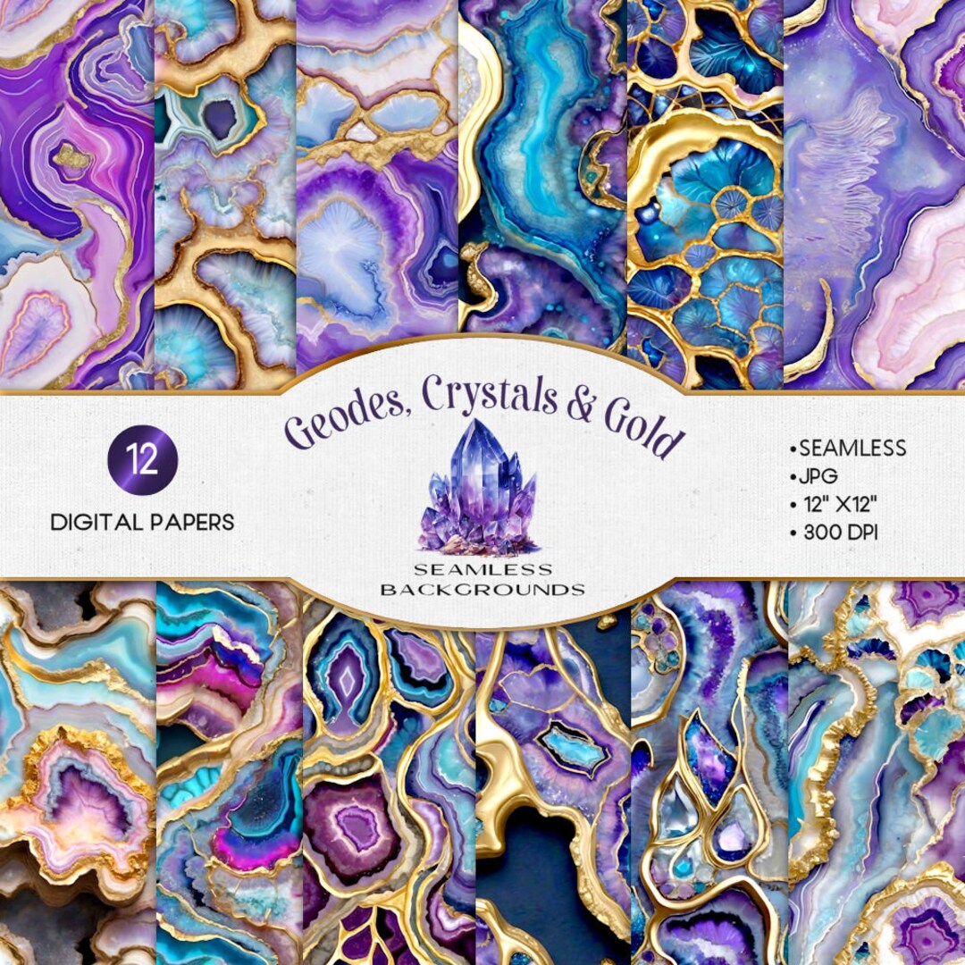 Crystals Geodes & Gold Veining Digital Backgrounds Seamless Patterns ...