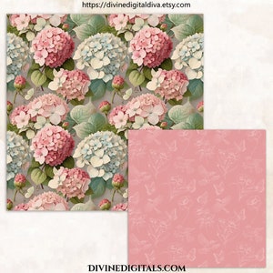 Watercolor Pink Hydrangeas Sage Lavender Ivory Aqua Vintage Botanical ...