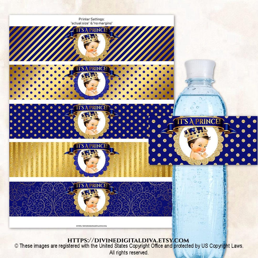 Water Bottle Labels Little Prince Royal Blue & Gold Baby Boy Light Tone ...